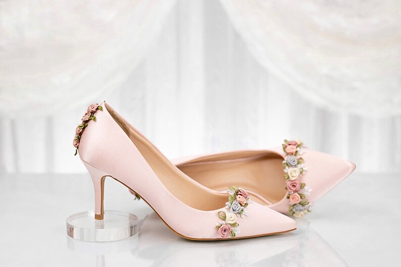 Pink Satin Wedding Shoes With Flowers on the Heel and Colorful Toe ...