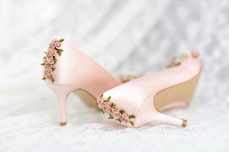 Pink Satin Wedding Shoes With Flowers on the Heel and Colorful Toe ...