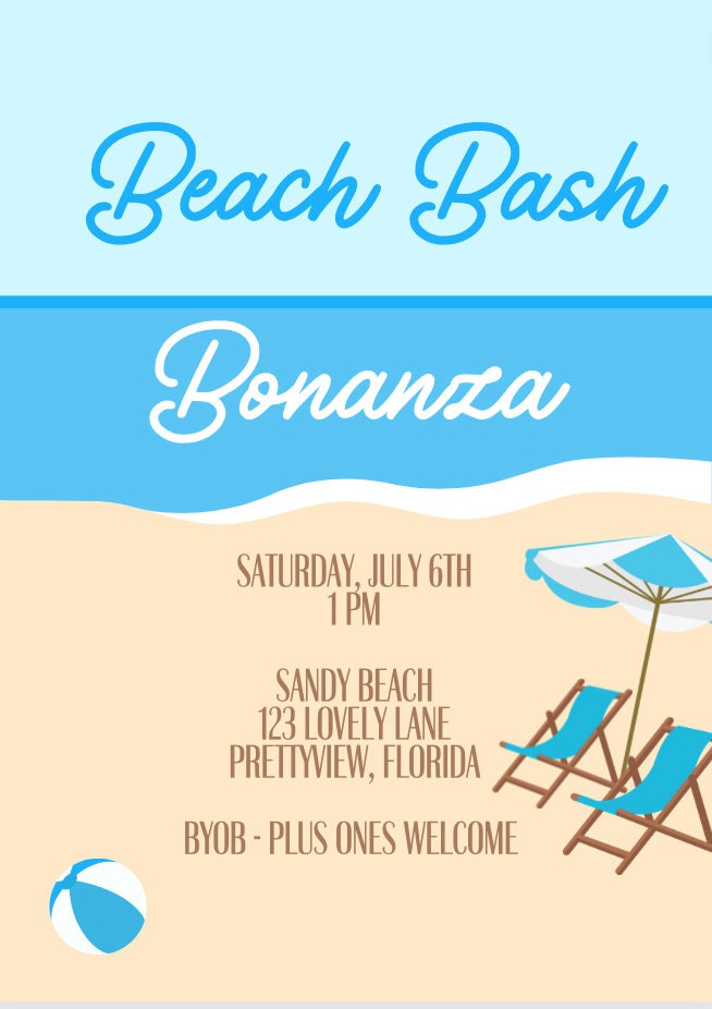 Editable Beach Party Invitation, Beach Invite, Beach Bash, Summer Party ...