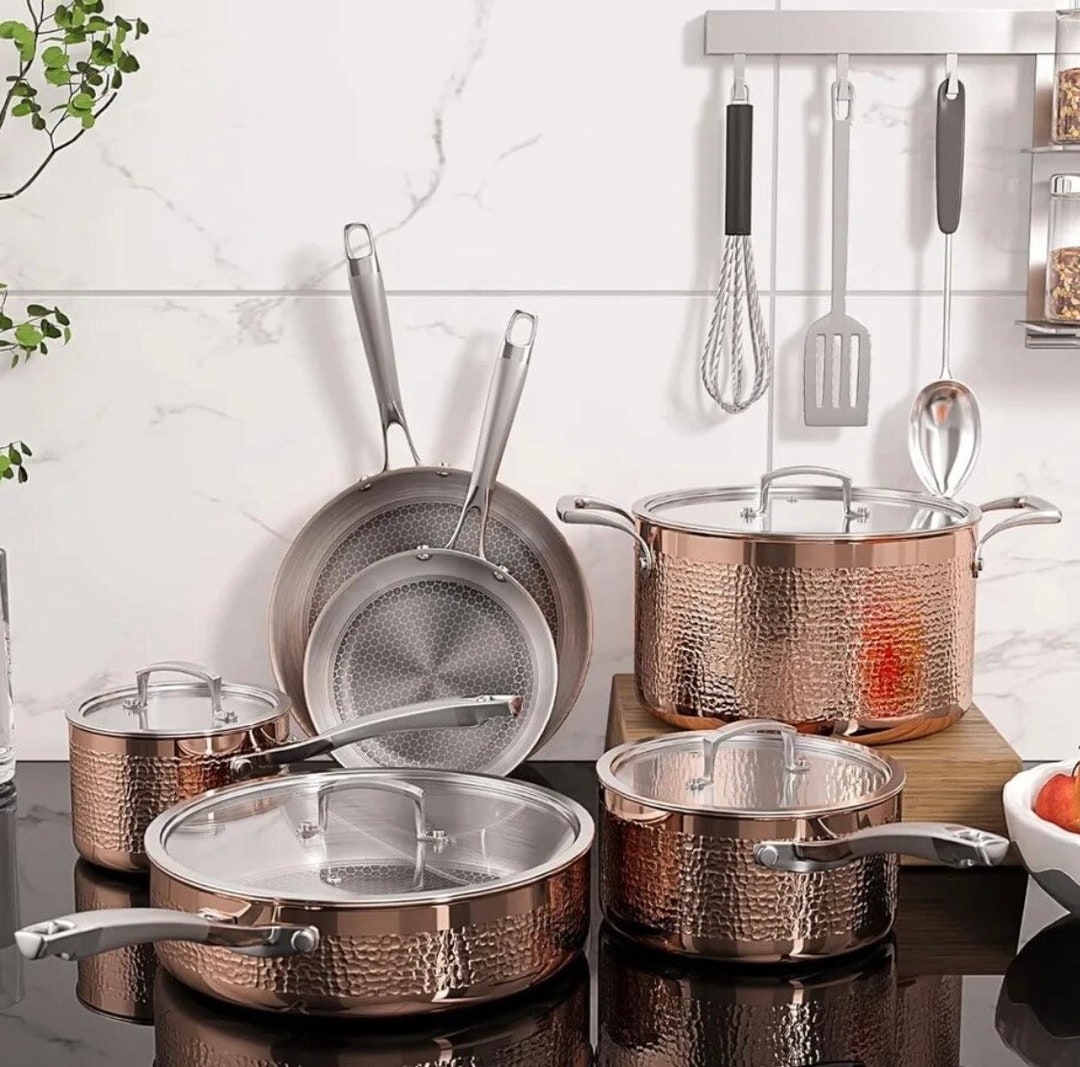 Pots and Pans Set, Tri-ply Stainless Steel Hammered Kitchen Cookware ...
