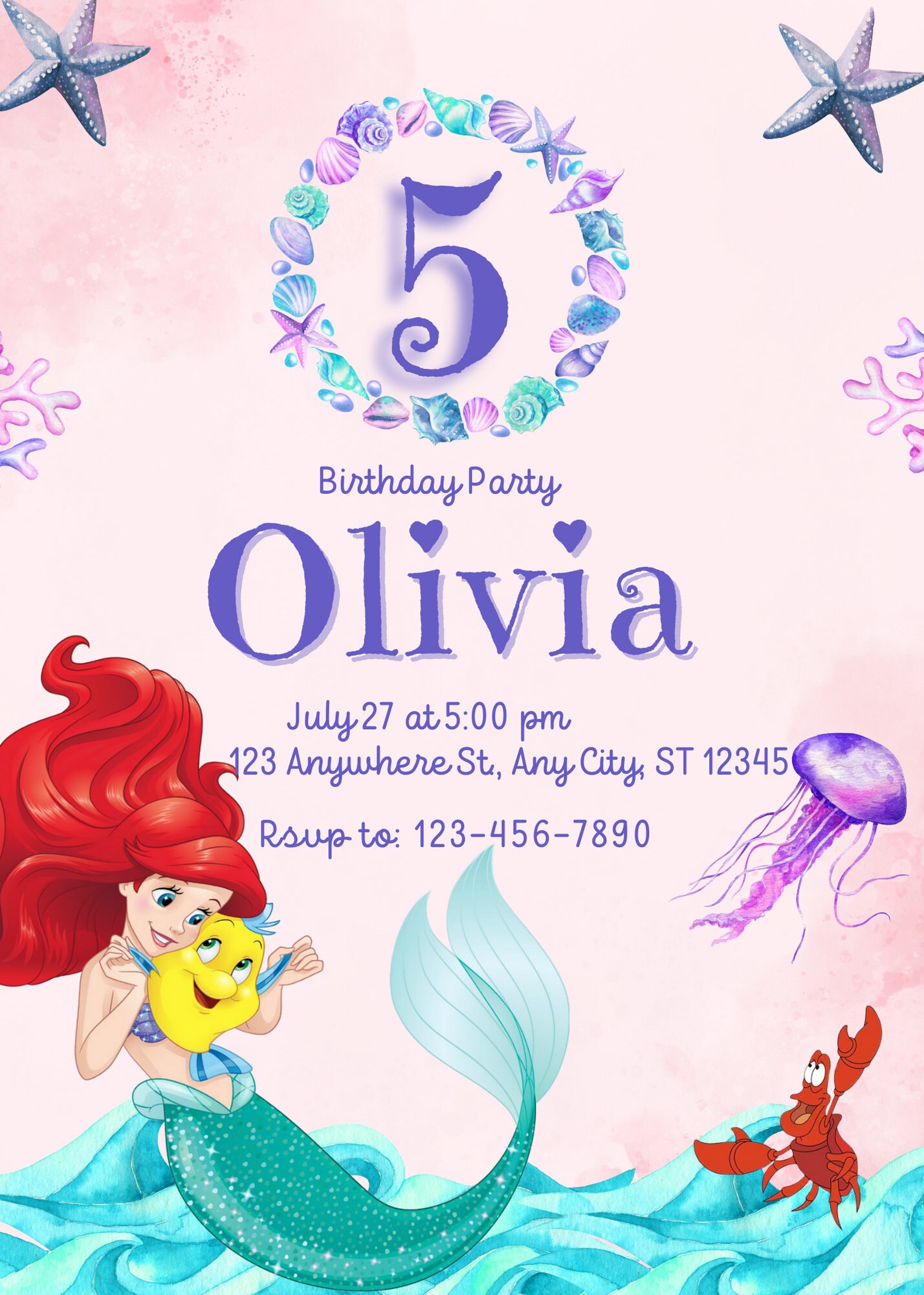 Little Mermaid Invitation, Ariel Birthday, 5th Birthday, Pink Theme ...
