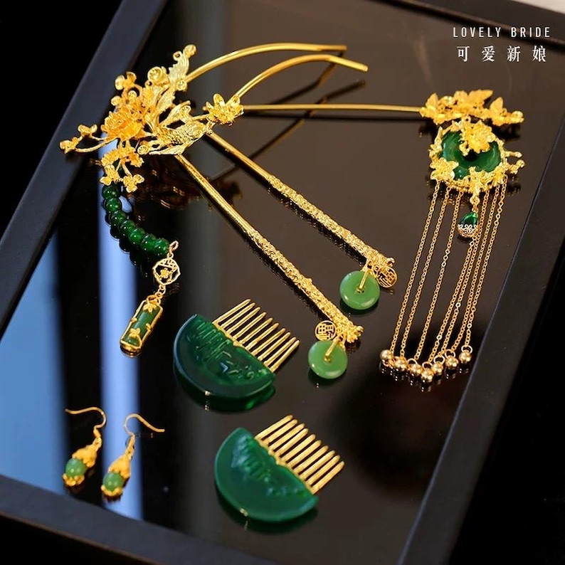 Traditional Chinese Wedding Jade Color Hairpin Hair Dec Set Tassel Long ...