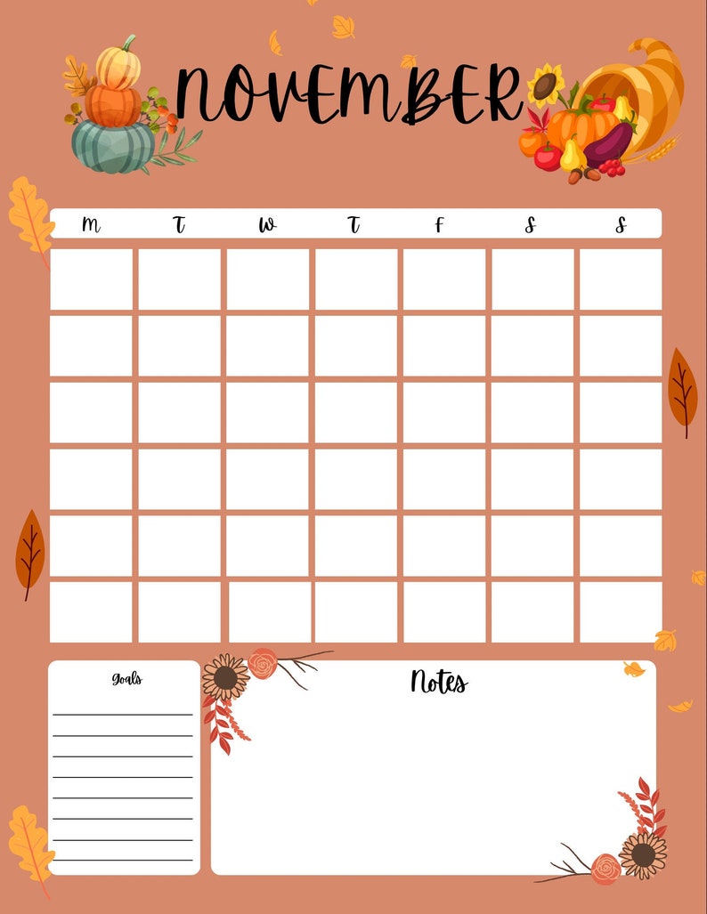 November Fall Monthly Digital Calendar - Etsy