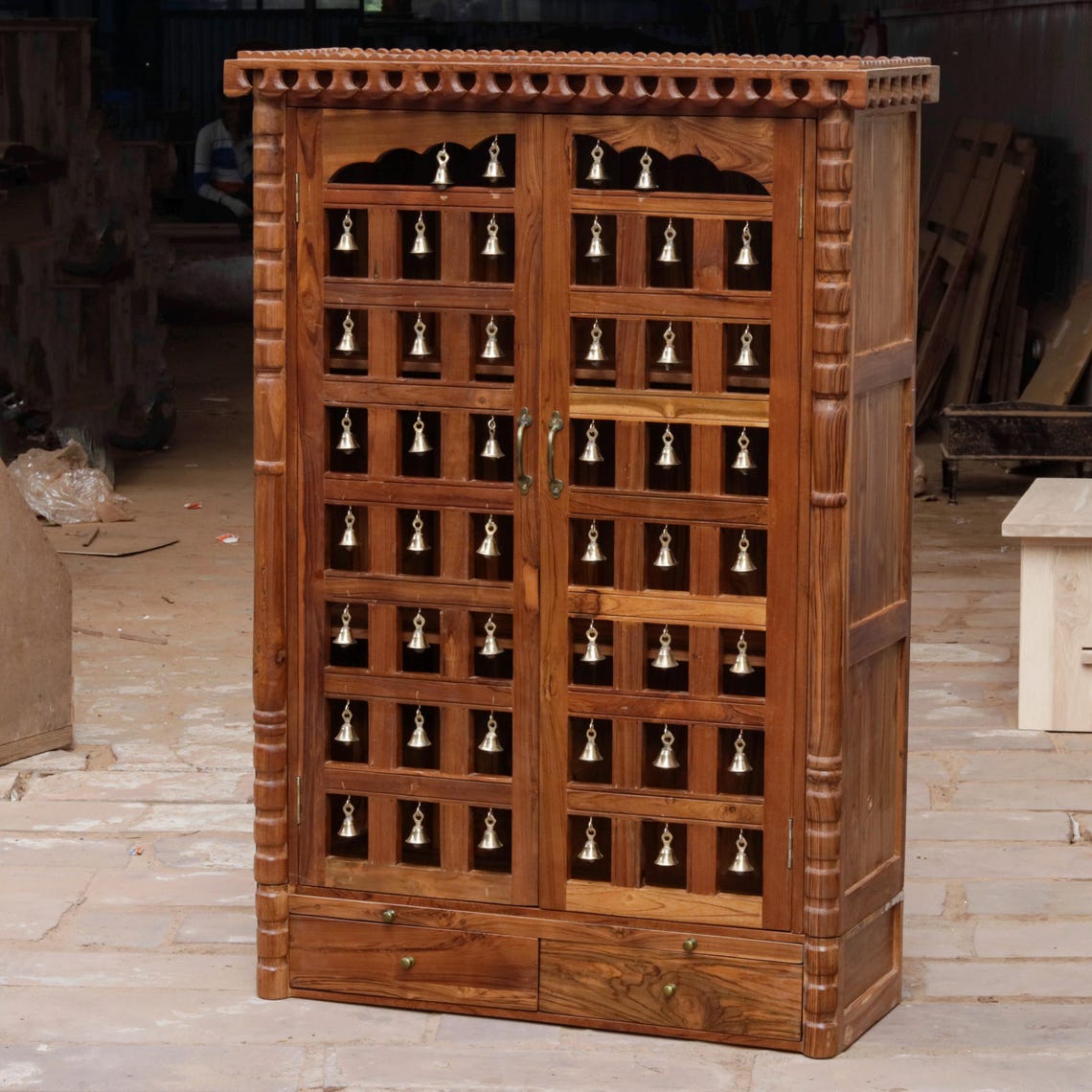 Handcrafted Indian Hindu Pooja Room Style Temple With Brass Bell Door ...
