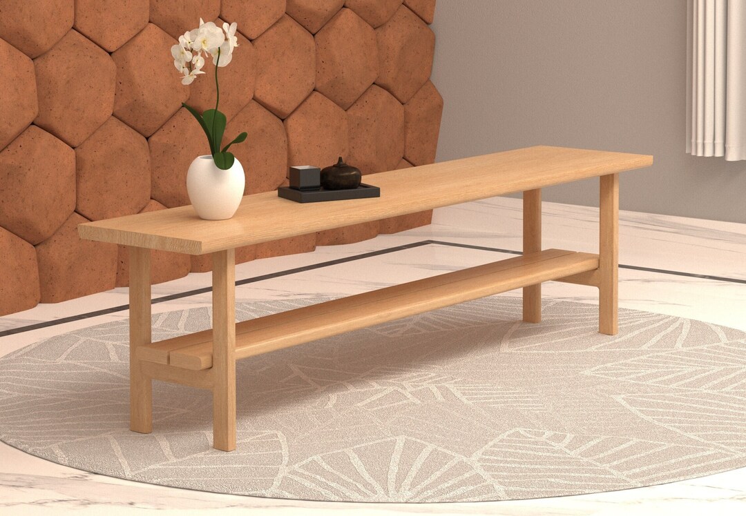 Artisanal Solid Oak Wood Bench With Storage Shelf Classic Minimalist ...