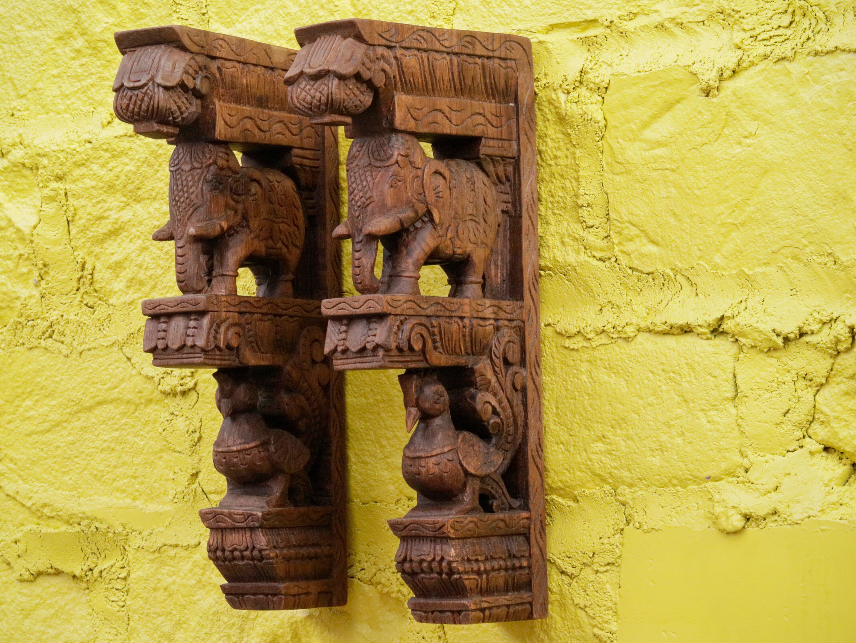 Set of 2 Corbel Traditional Vintage Carved Bird and Elephant Wall Décor ...