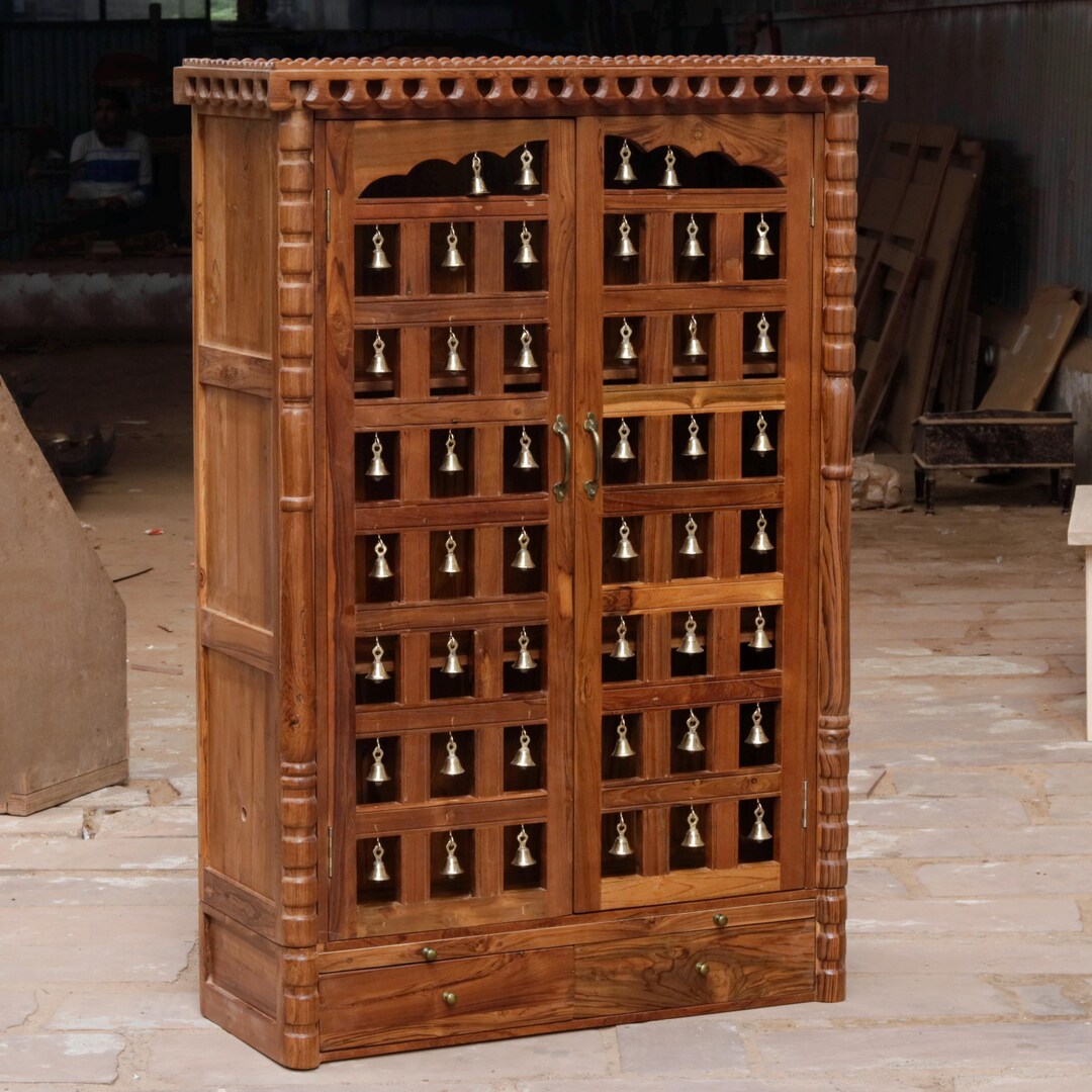 Handcrafted Indian Hindu Pooja Room Style Temple With Brass Bell Door ...