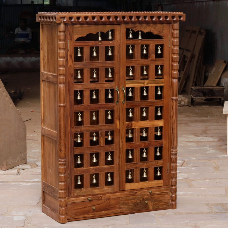 Handcrafted Indian Hindu Pooja Room Style Temple With Brass Bell Door ...