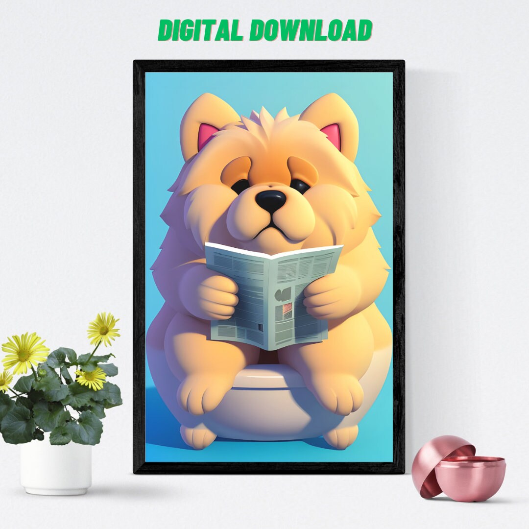 Chow Chow Sitting on the Toilet Reading a Newspaper, Funny Bathroom ...