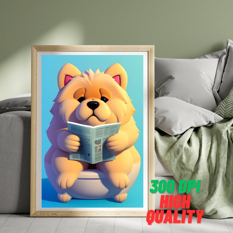 Chow Chow Sitting on the Toilet Reading a Newspaper, Funny Bathroom ...