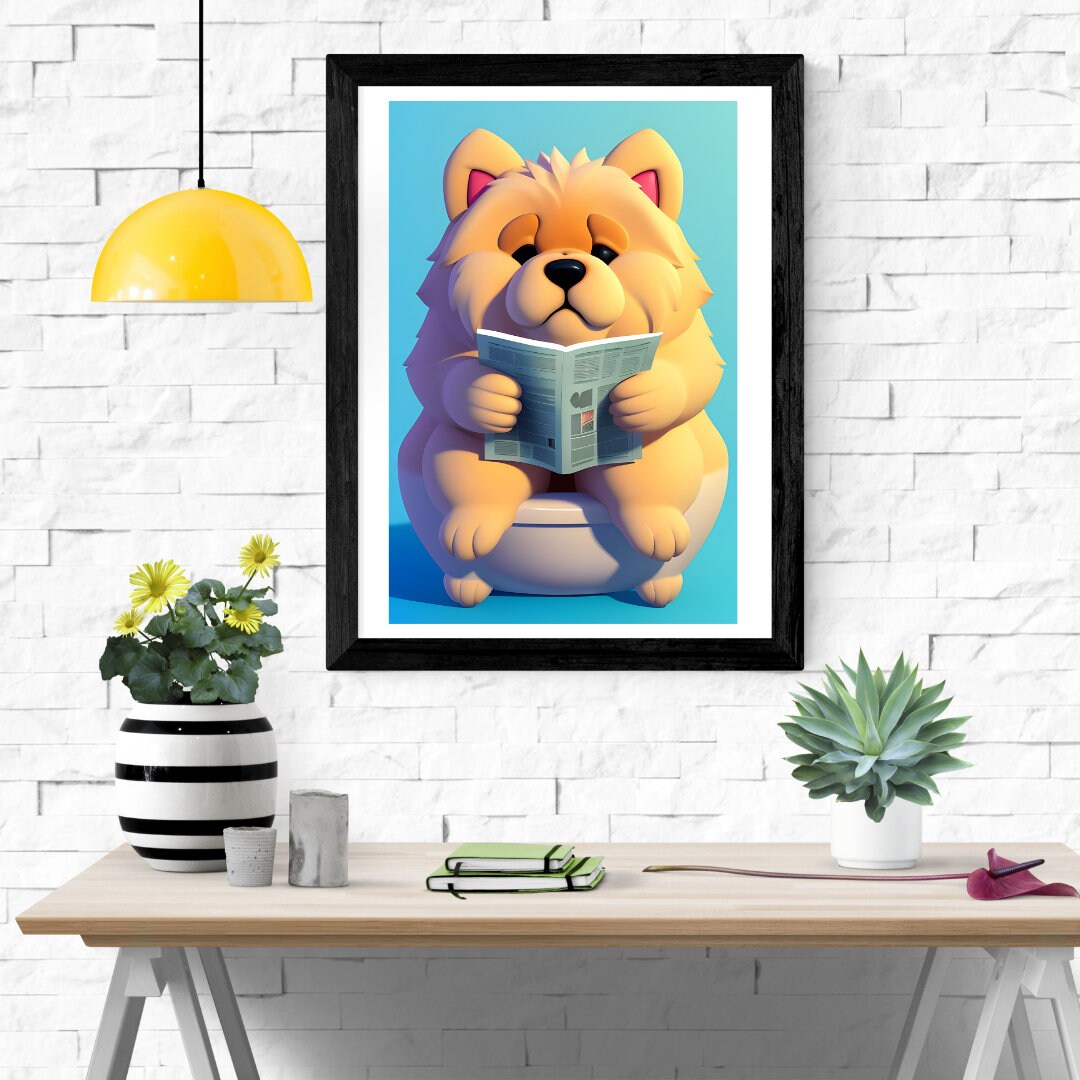 Chow Chow Sitting on the Toilet Reading a Newspaper, Funny Bathroom ...