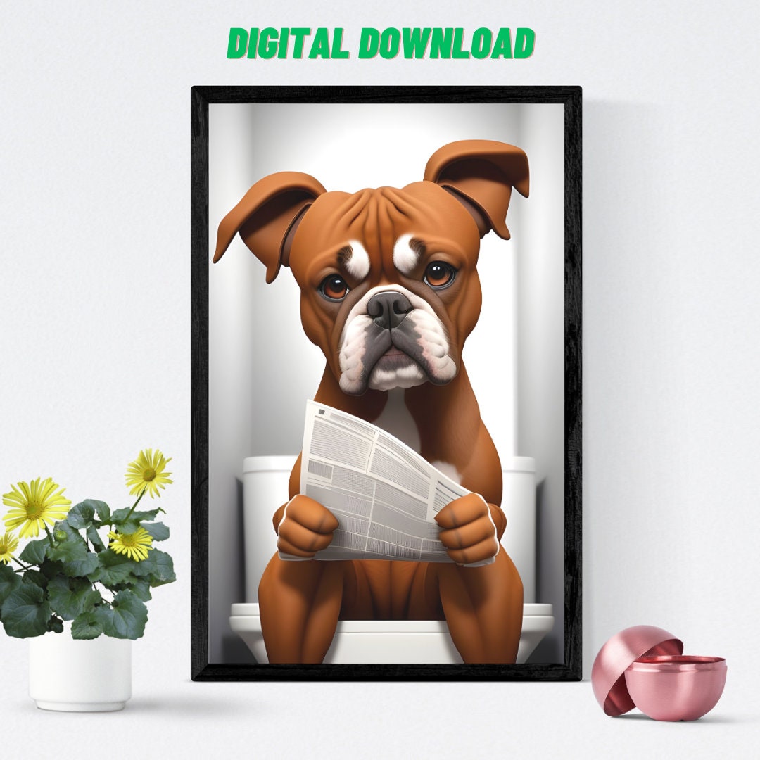 Boxer Dog Sitting on the Toilet Reading a Newspaper, Funny Bathroom ...
