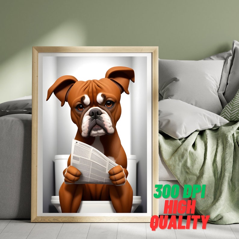 Boxer Dog Sitting on the Toilet Reading a Newspaper, Funny Bathroom ...