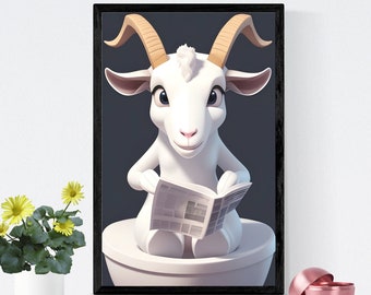 Goat Sitting on the Toilet Reading a Newspaper, Funny Bathroom Humor ...
