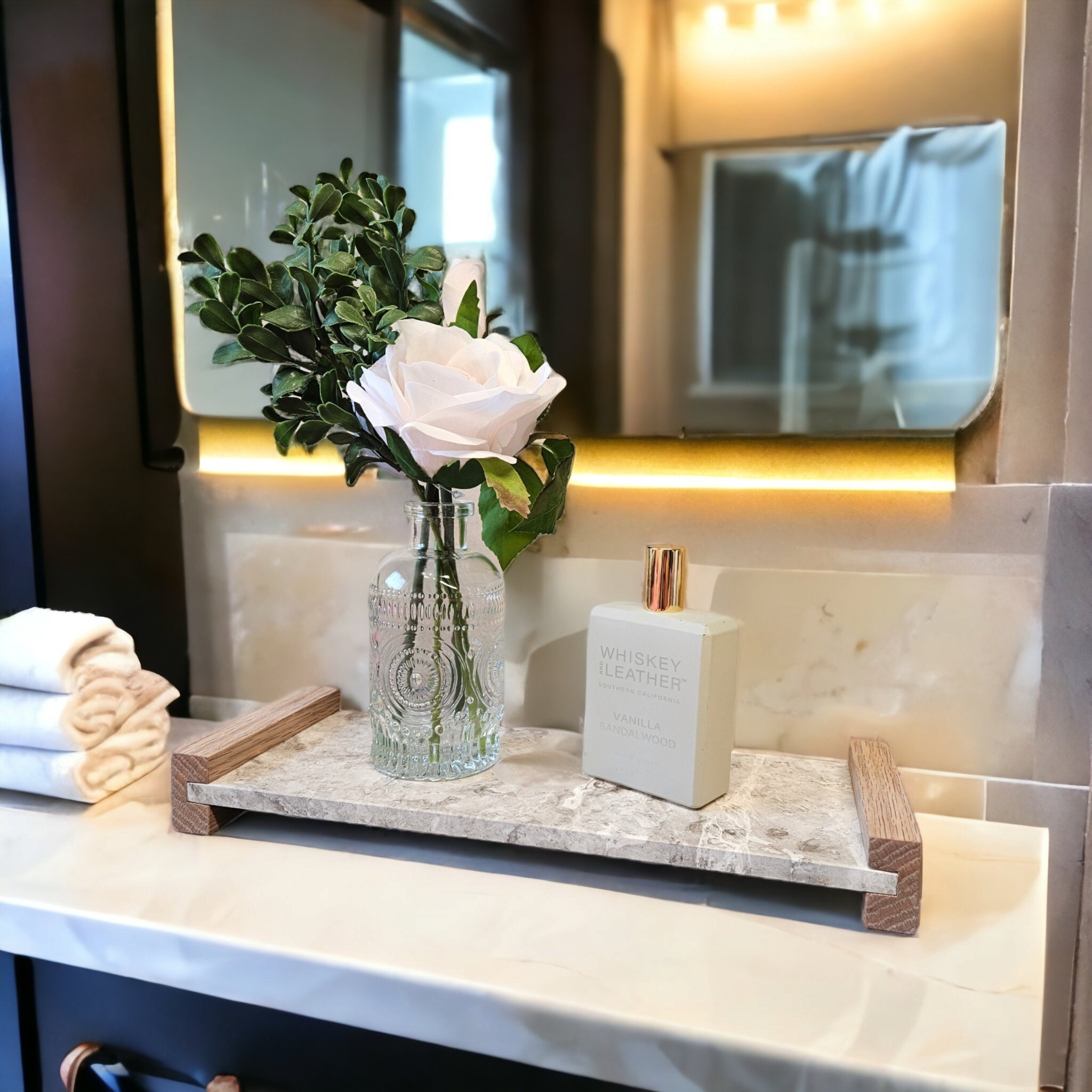 Marble Vanity Tray With Wood Handles Stand - Etsy