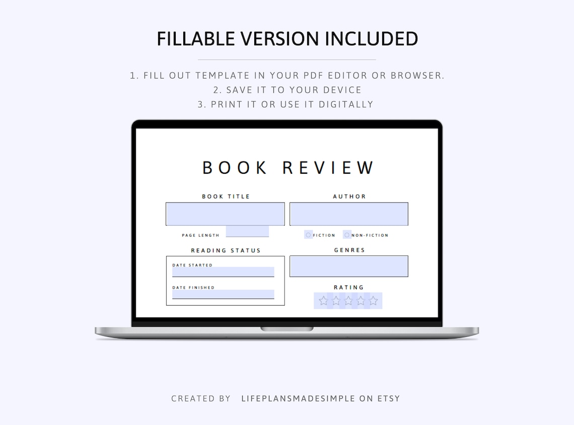 Book Review Page Printable and Fillable PDF | Book Review Template ...