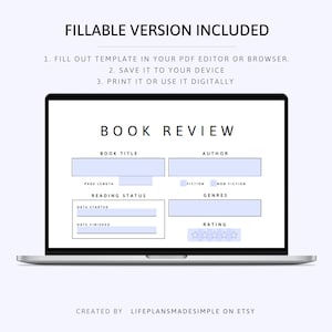 Book Review Page Printable and Fillable PDF | Book Review Template ...