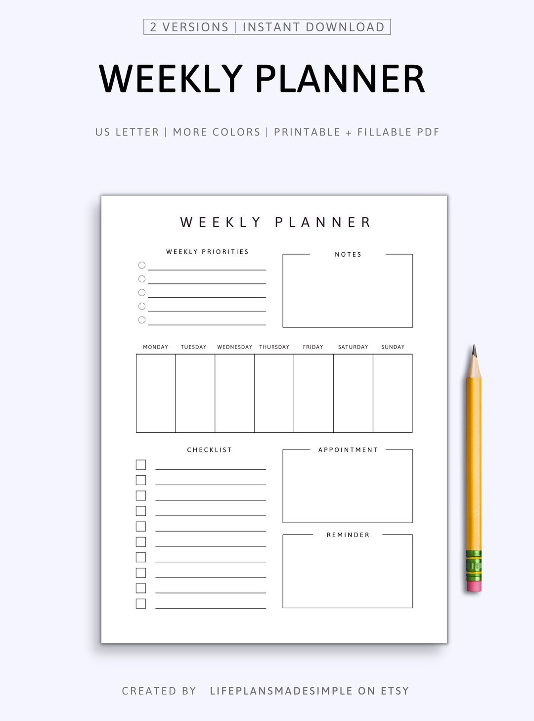 Printable and Fillable Weekly Planner Productivity Planner - Etsy Ireland
