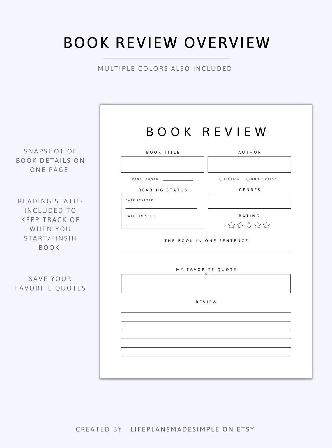 Book Review Page Printable and Fillable PDF | Book Review Template ...