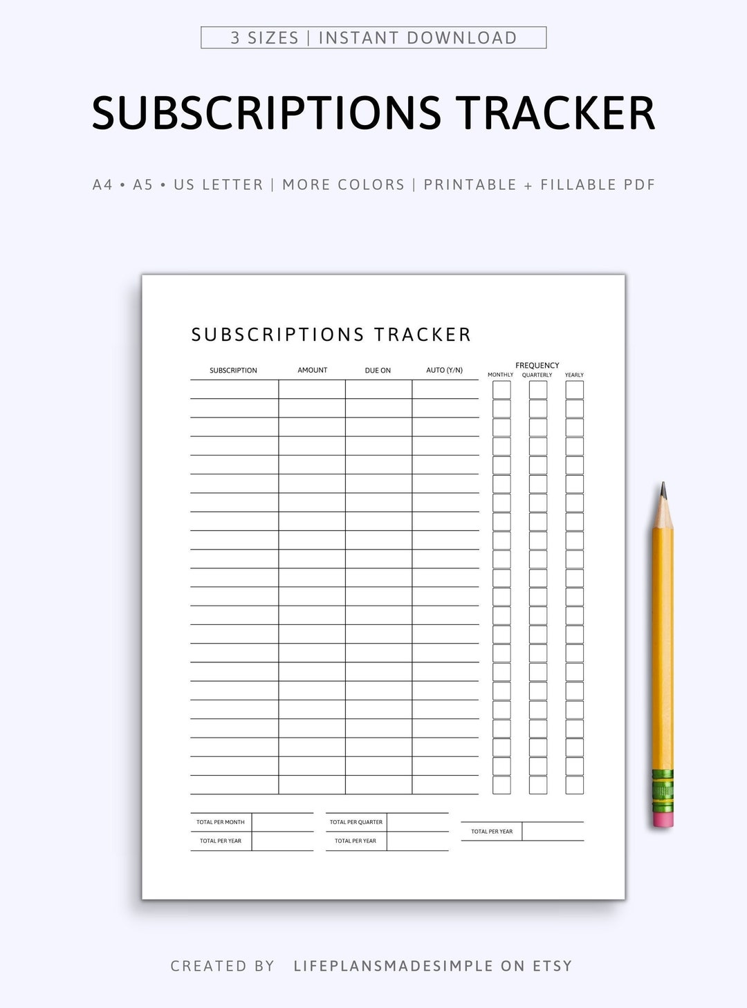 Subscriptions Tracker | Subscription Planner | Subscription Overview | Monthly, Quarterly ...