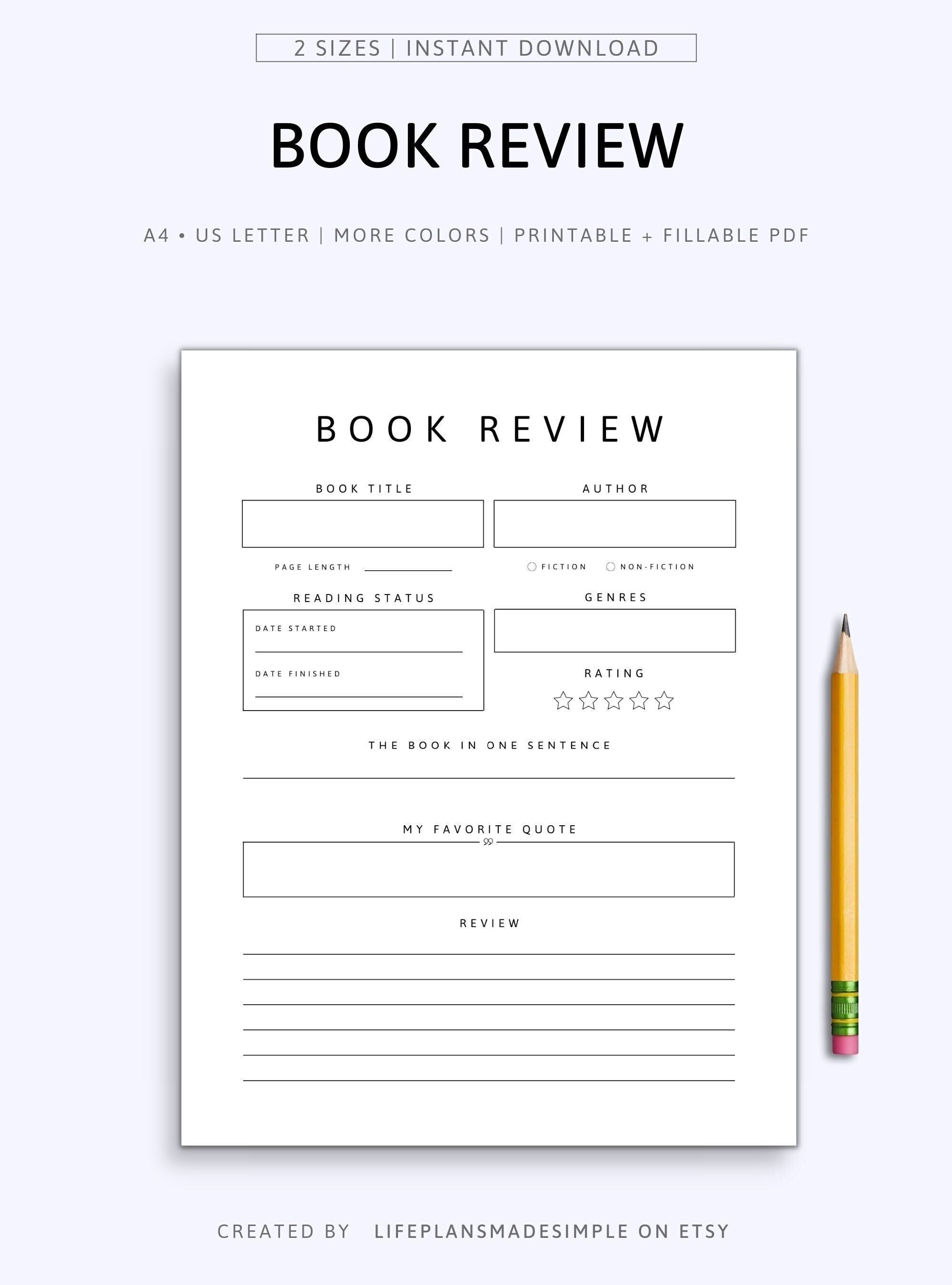 Book Review Page Printable and Fillable PDF | Book Review Template | Book Review Sheet | Book ...