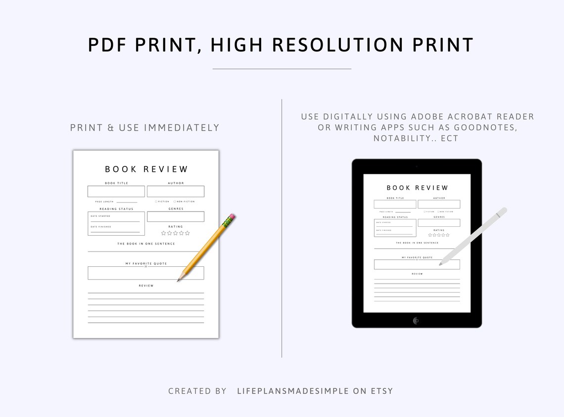 Book Review Page Printable and Fillable PDF | Book Review Template ...