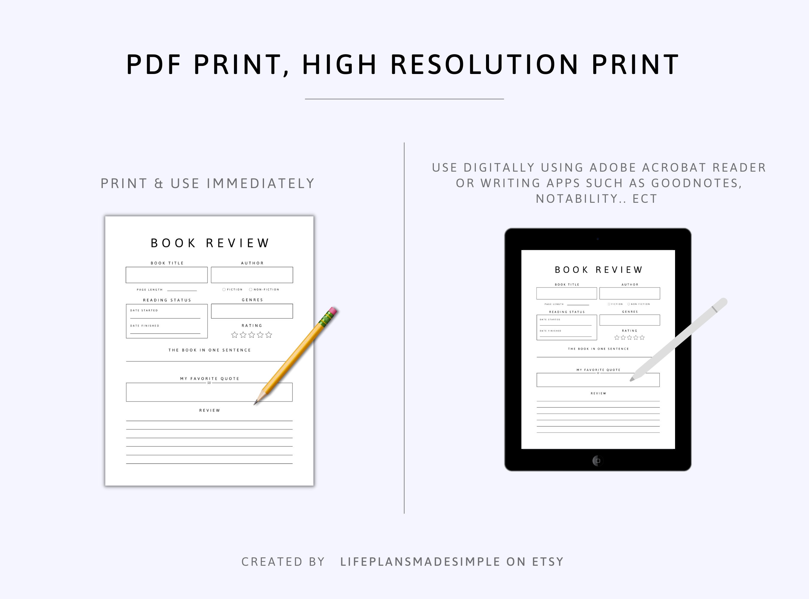 Book Review Page Printable and Fillable PDF | Book Review Template ...