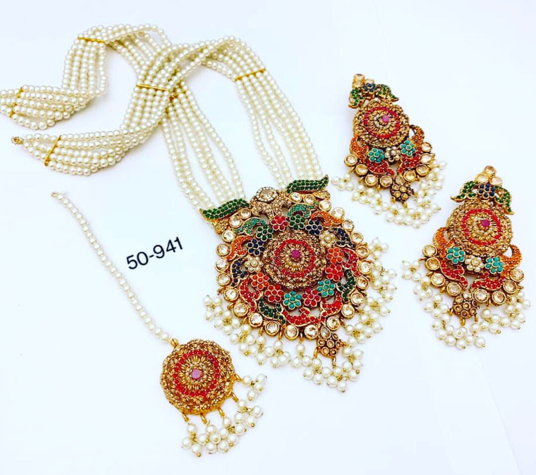 Luxurious Nauratan Maala Earrings Tikka Set-navratan Indian Pakistani ...