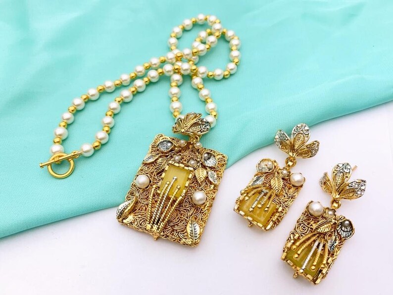 Egyptian Pendant With Mala and Earrings/ Egyptian Jewelry/ Pearl Maala ...