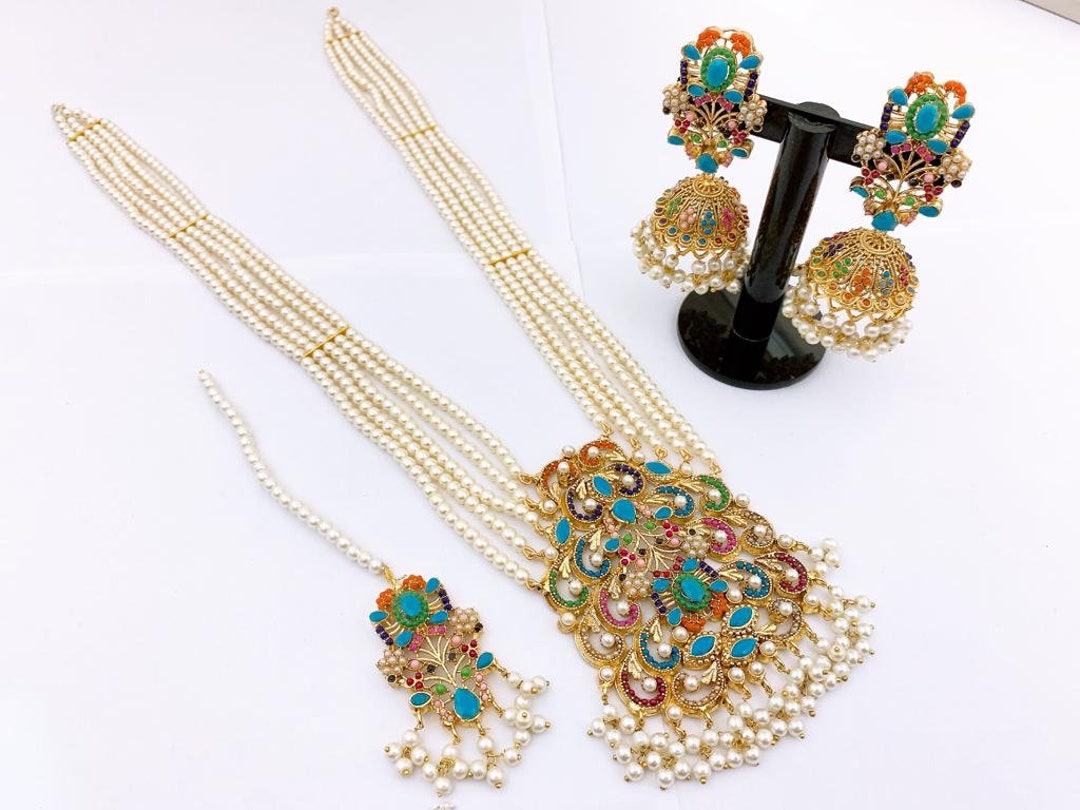 Multicolor Teeka Maala Jhumkas Set/ Pearl Rani Haar Pearl Mala Set ...