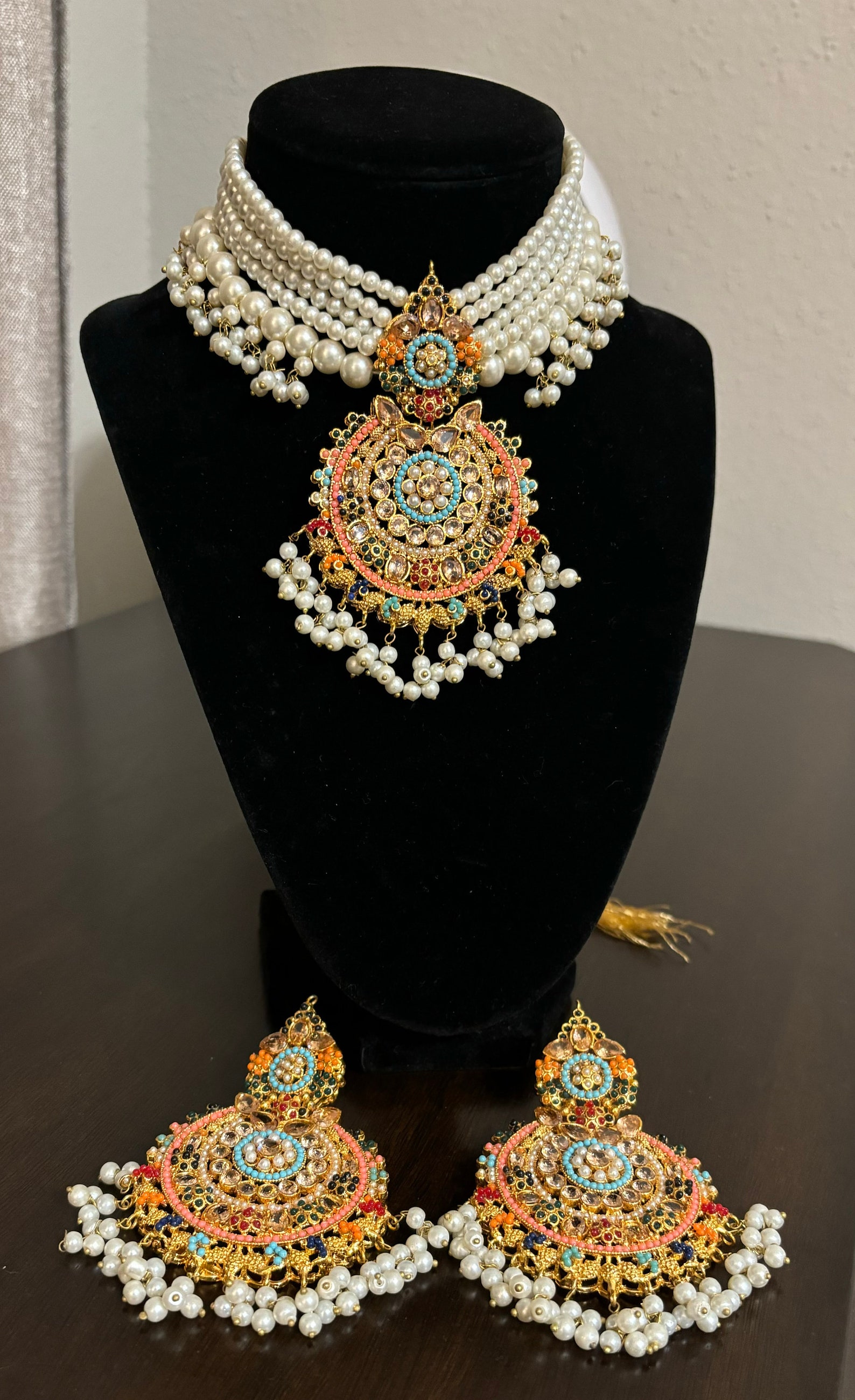 Nauratan Bridal Necklace Earrings Set, Freshwater Pearls Wedding ...