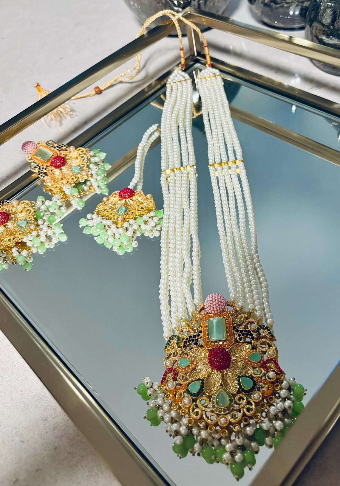 Heavy Nauratan Maala Earrings Tikka/ Multicolor Rani Haar Pearl Set ...