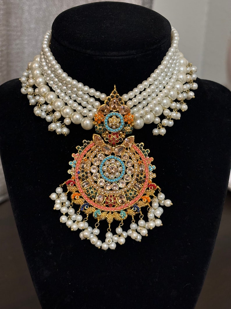 Nauratan Bridal Necklace Earrings Set, Freshwater Pearls Wedding ...