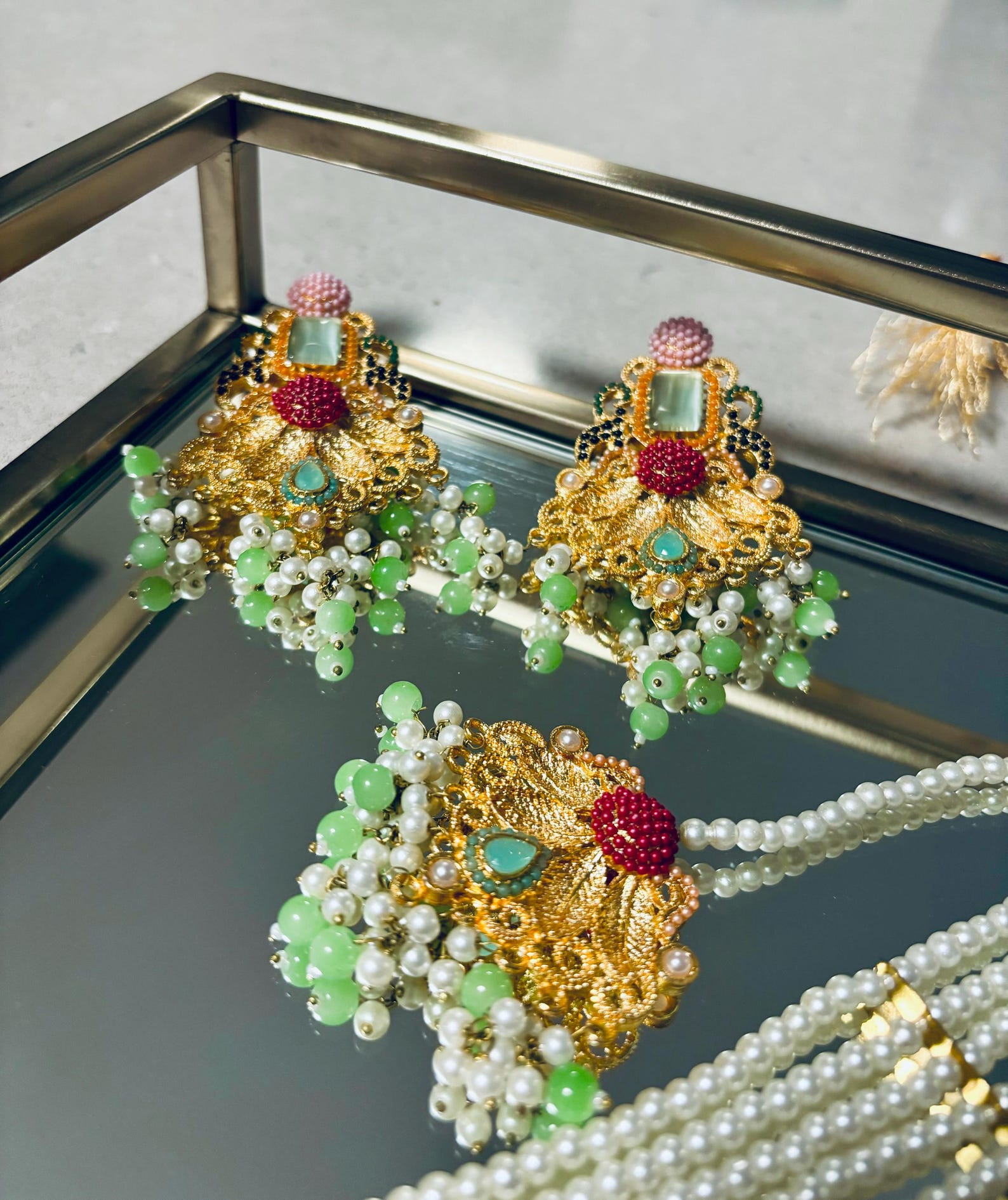 Heavy Nauratan Maala Earrings Tikka/ Multicolor Rani Haar Pearl Set ...