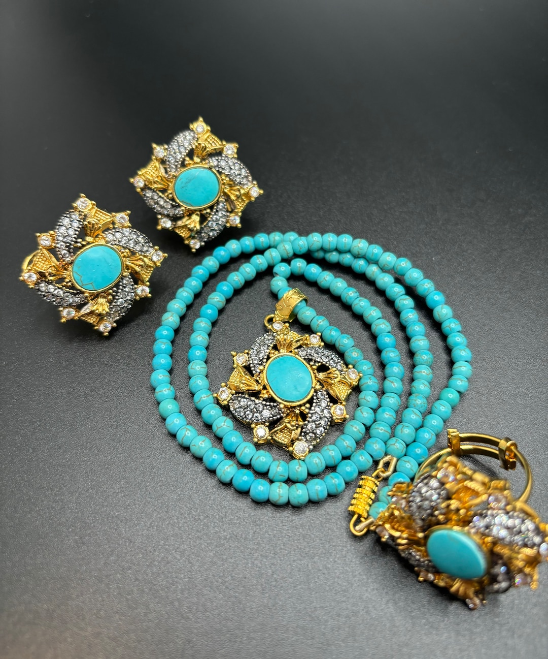 Pendant Mala Ear Studs and Ring Set/ Feroza Mauve Green White Combo ...