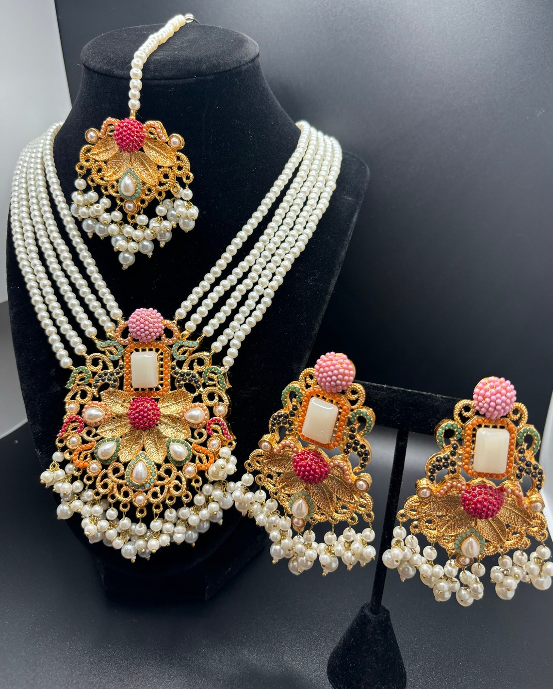 Heavy Nauratan Maala Earrings Tikka/ Multicolor Rani Haar Pearl Set ...
