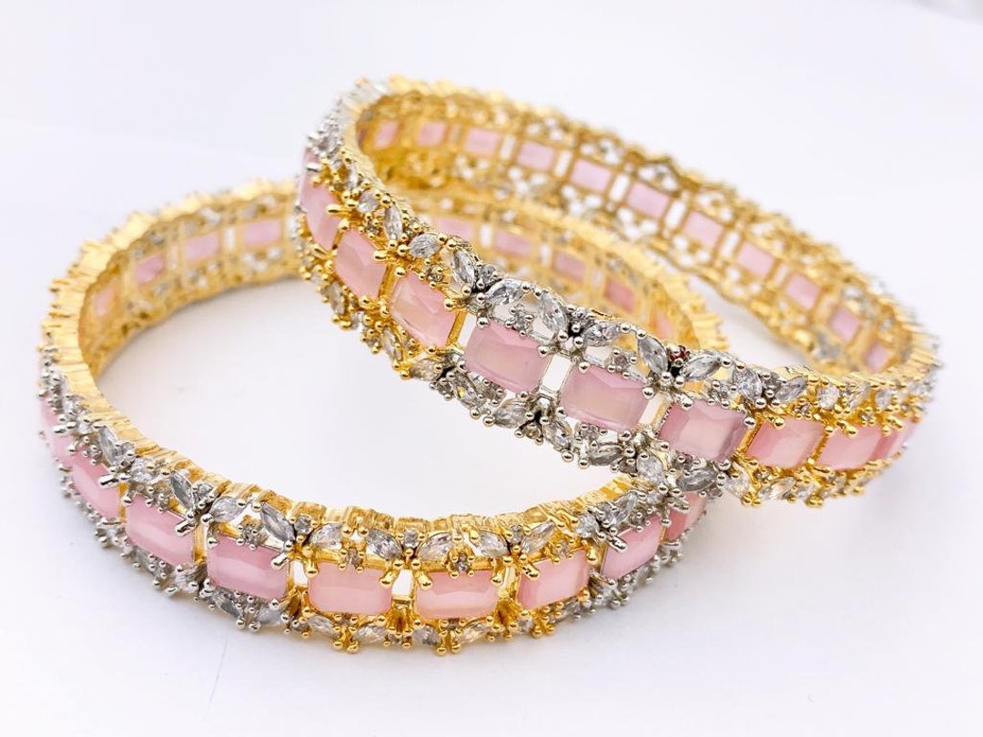 Pink Gold Mint Green American Diamond Bangles Set | Handcrafted Bangles ...