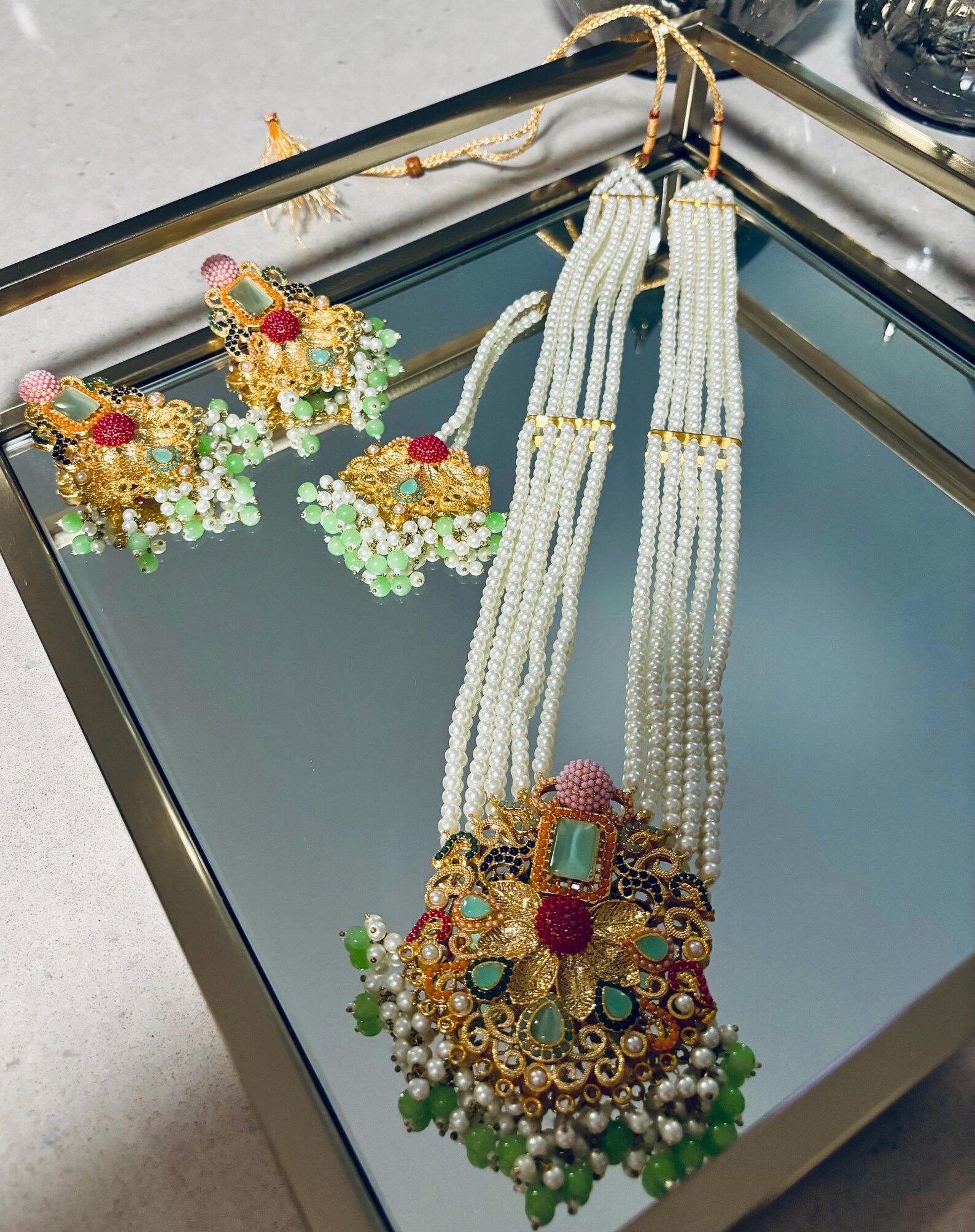 Heavy Nauratan Maala Earrings Tikka/ Multicolor Rani Haar Pearl Set ...