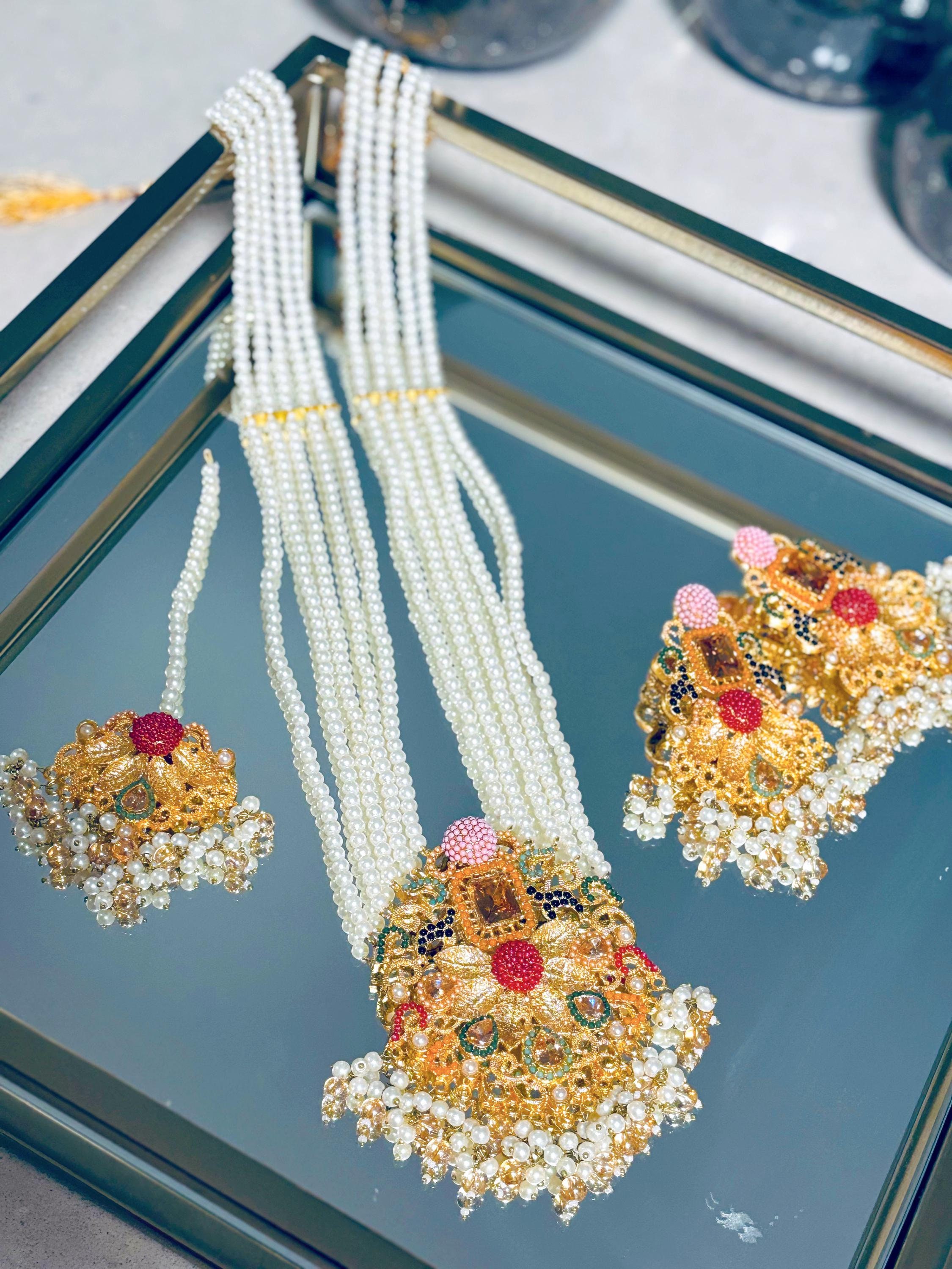 Heavy Nauratan Maala Earrings Tikka/ Multicolor Rani Haar Pearl Set ...
