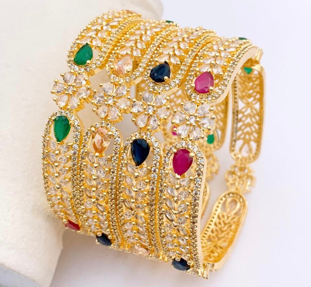 Jadau Gold Multi Stone Kara Bangles/ CZ Multicolored Stone Gold Bangles ...