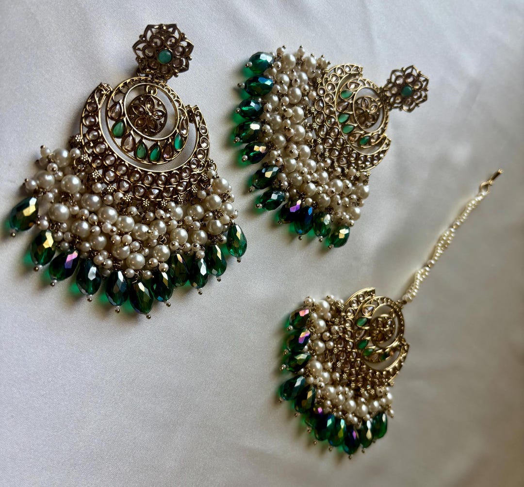 Peacock Polki Indian Pakistani Earrings Maang Tikka-dull Gold Emerald ...