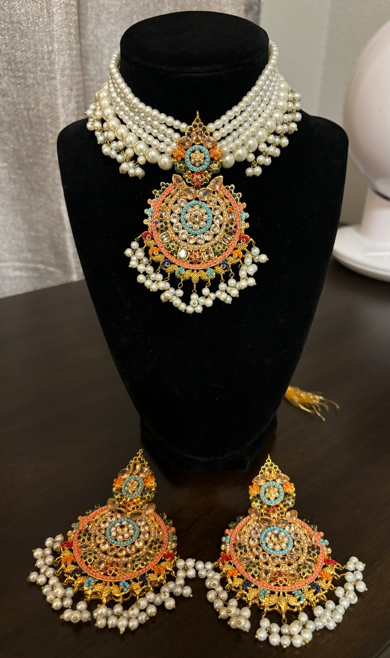 Nauratan Bridal Necklace Earrings Set, Freshwater Pearls Wedding ...