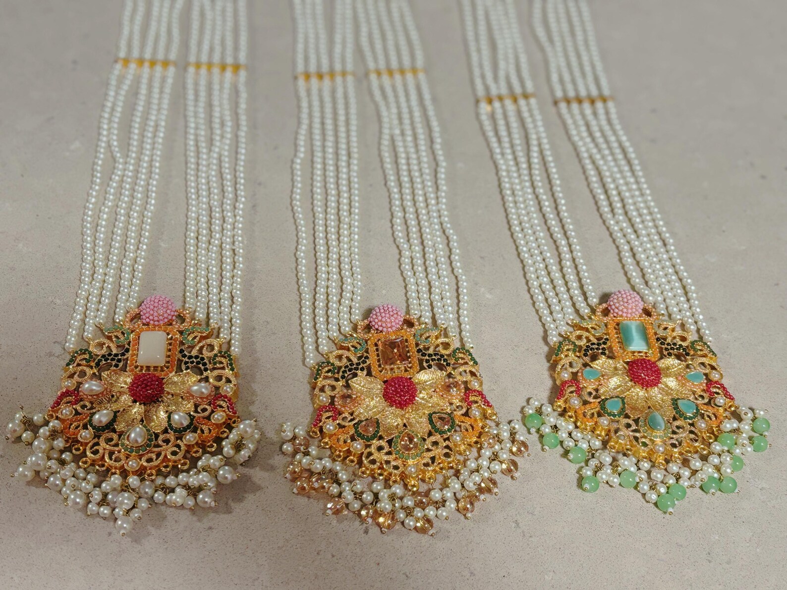 Heavy Nauratan Maala Earrings Tikka/ Multicolor Rani Haar Pearl Set ...