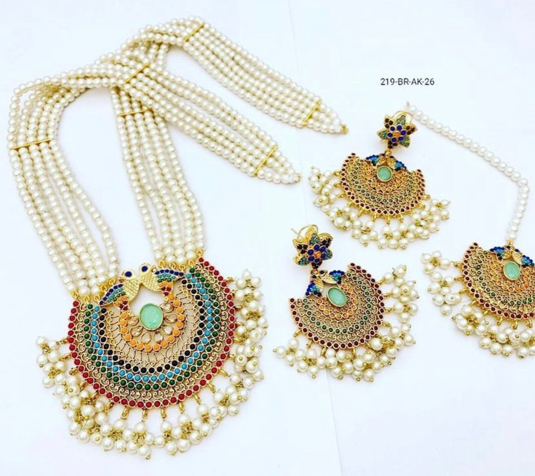 Peacock Pearl Maala Earrings Tika Set/ Indian Pakistani Shaadi Wedding ...