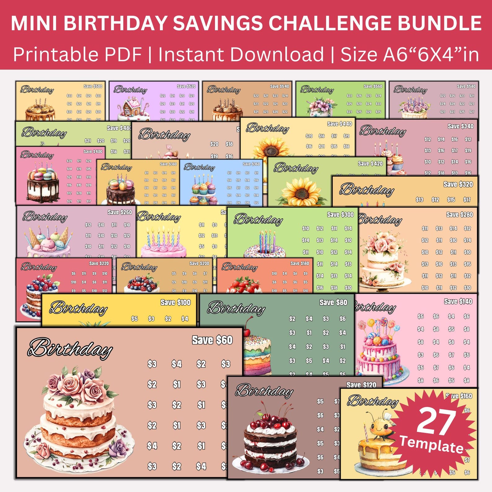 Happy Birthday Savings Challenge Printable Bundle, Birthday Party ...