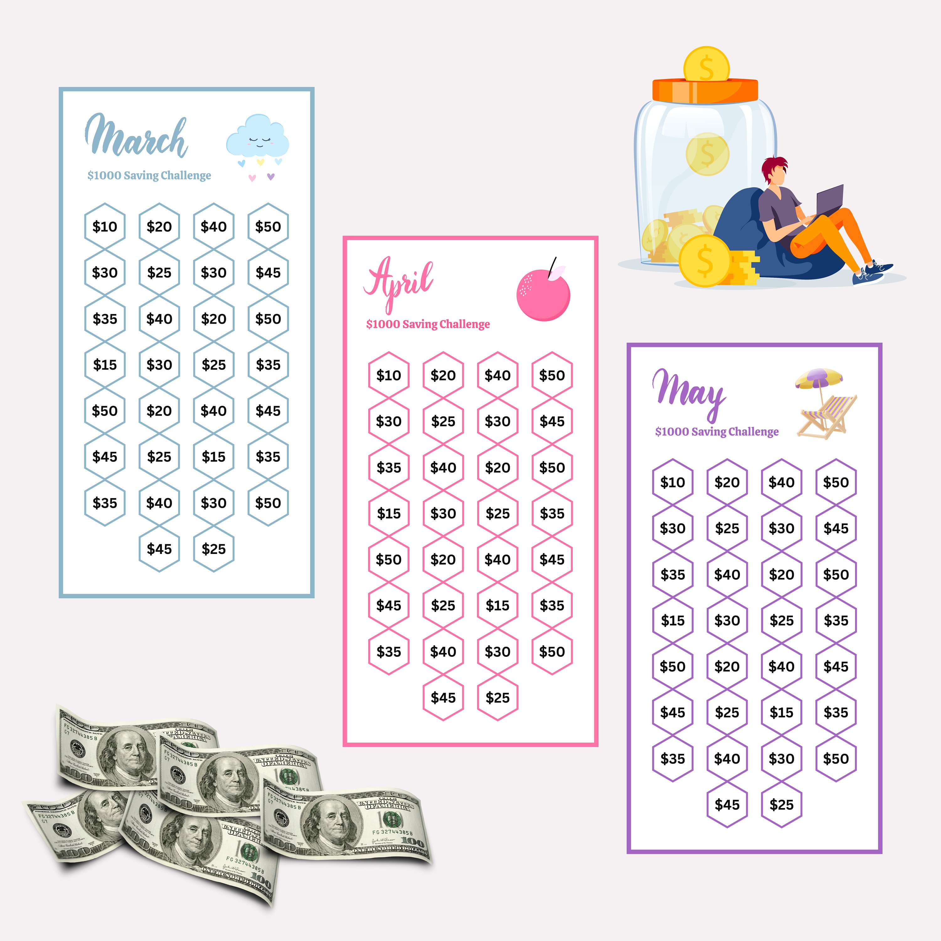 Monthly Savings Challenge Tracker Printable, Mini A6 Fits Size Money ...