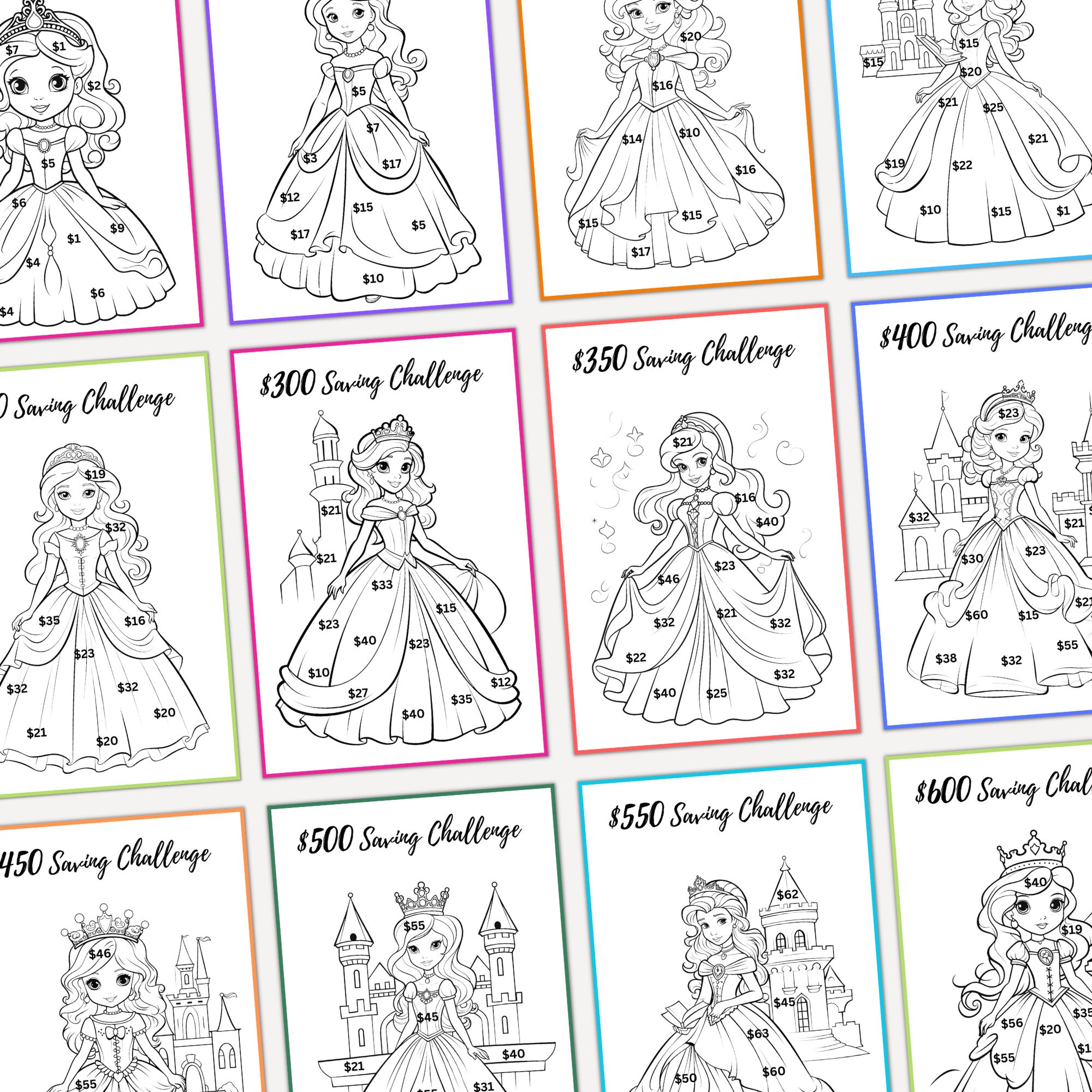 Princess Coloring Savings Challenge Printable, Princess Saving ...