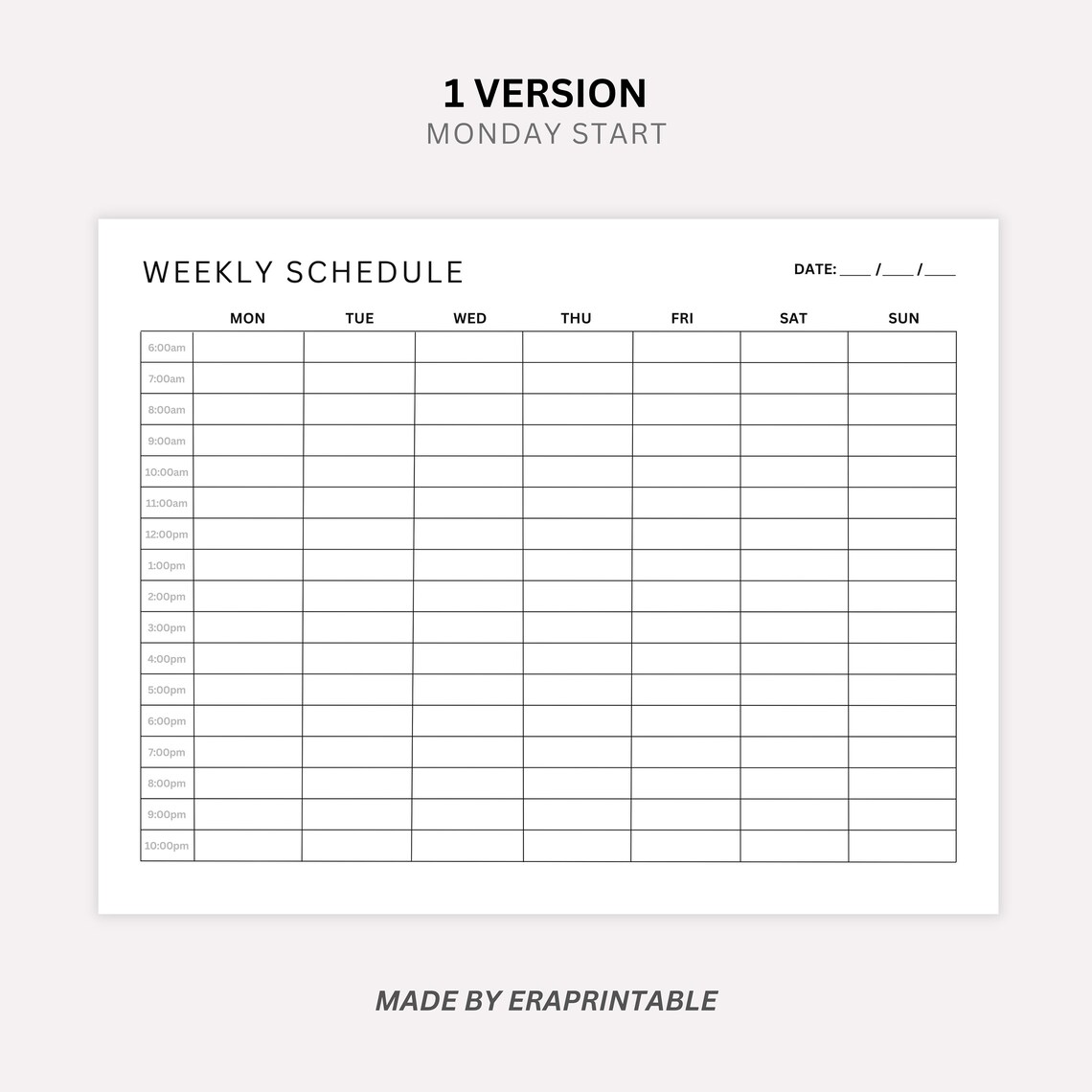 Hourly Weekly Schedule Landscape Printable, Weekly Planner Printable ...