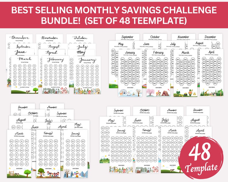 Monthly Savings Challenge Printable Bundle, 12 Month Saving Challenges ...