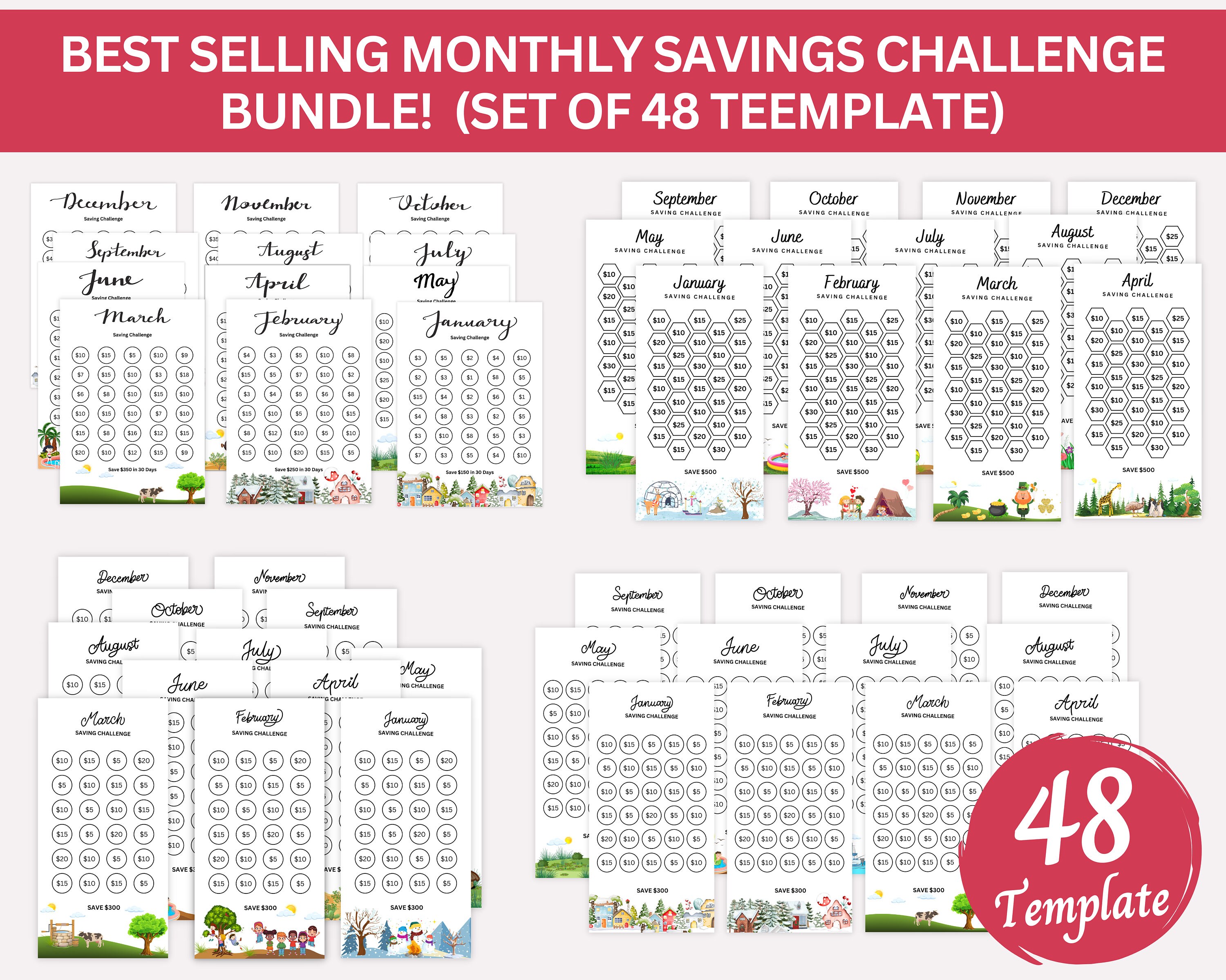 Monthly Savings Challenge Printable Bundle, 12 Month Saving Challenges ...